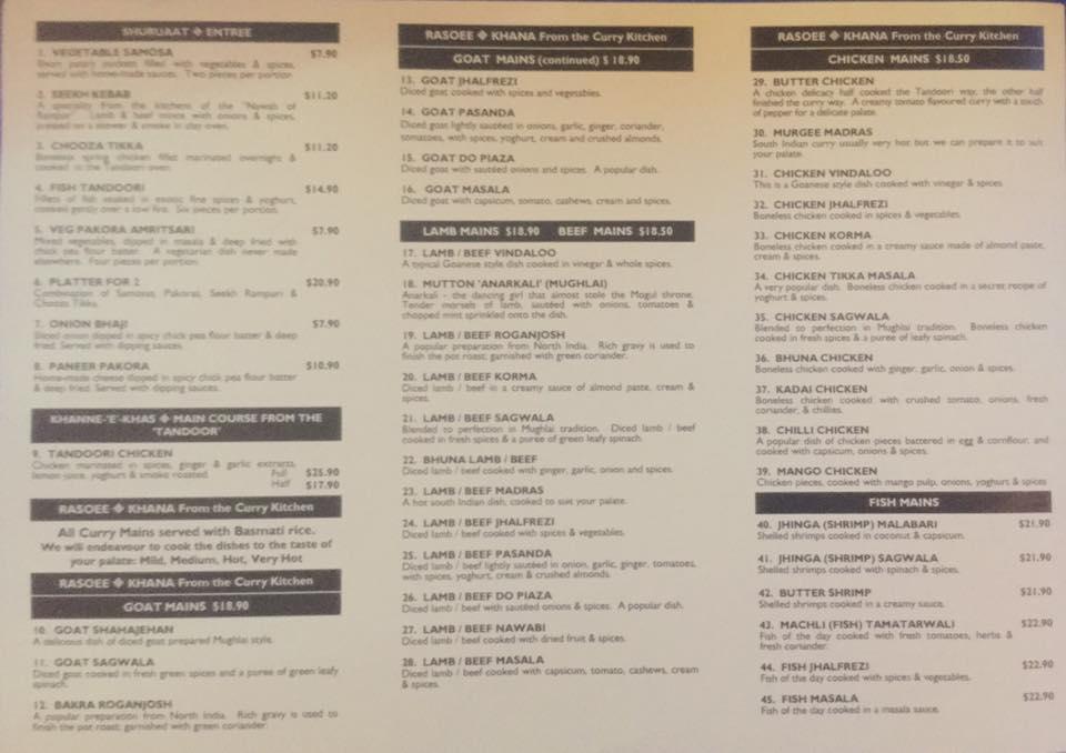 Menu at The Curry House restaurant, Tauranga
