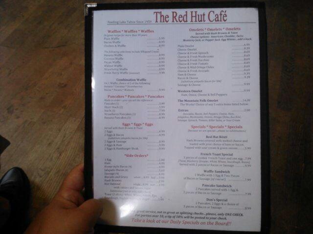 Menu at The Red Hut restaurant, South Lake Tahoe