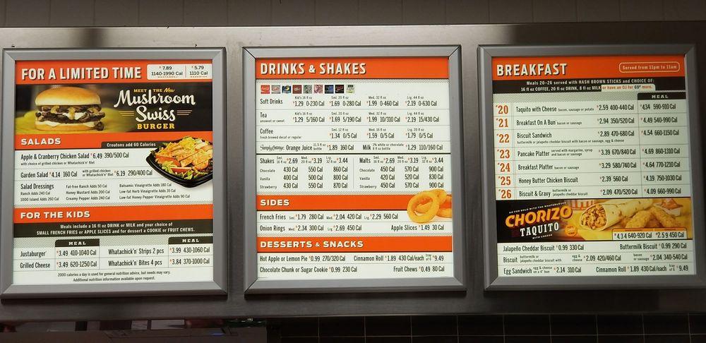 Menu at Whataburger fast food, Corpus Christi, 6817 S Padre Island Dr