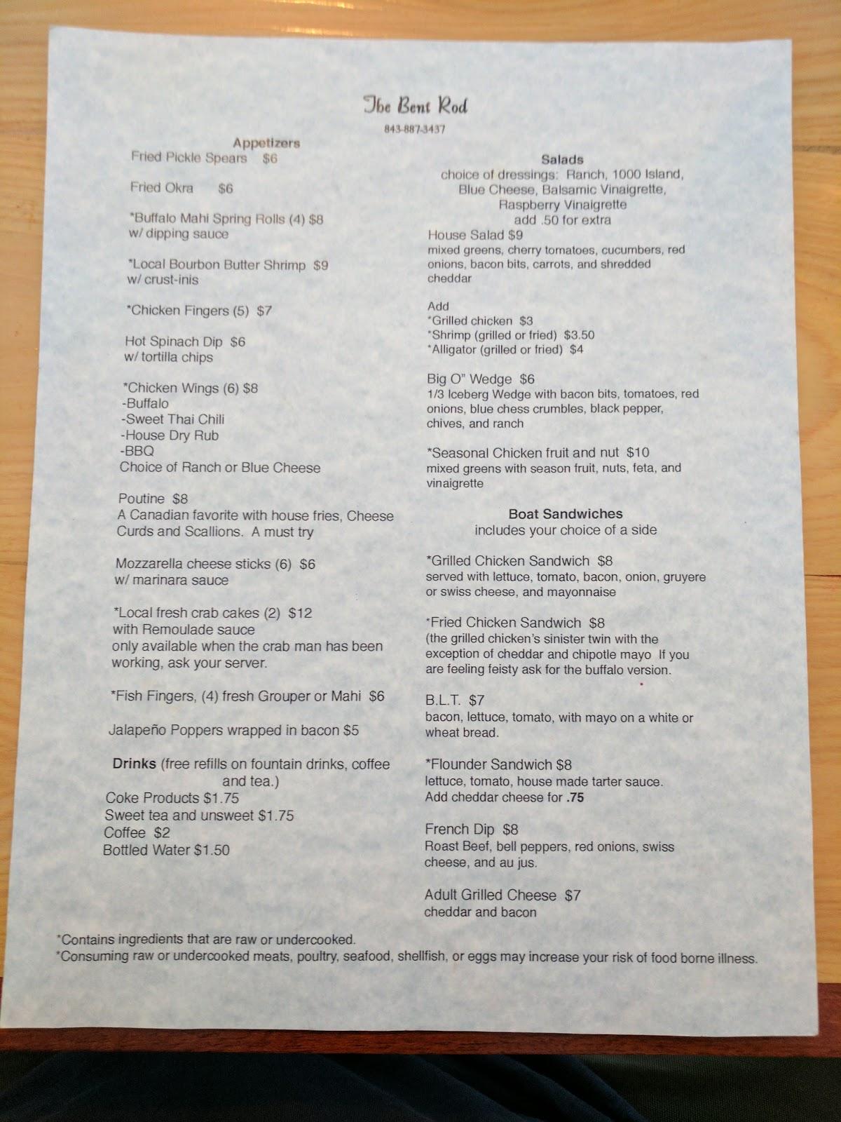 Menu at The Bent Rod pub & bar, McClellanville