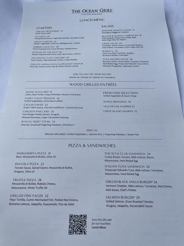 Menu at Ocean Grill restaurant, Miami Beach