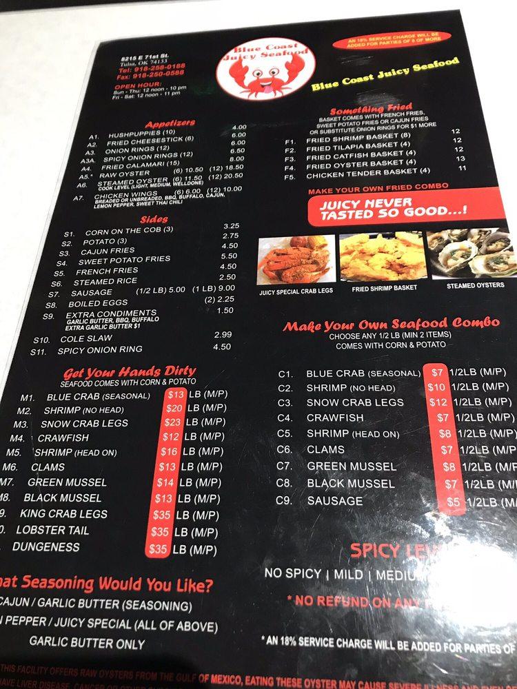 Menu at Blue Coast Juicy Seafood pub & bar, Tulsa