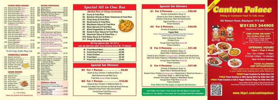 Menu at Canton Palace fast food, Blackpool, 160 Watson Rd
