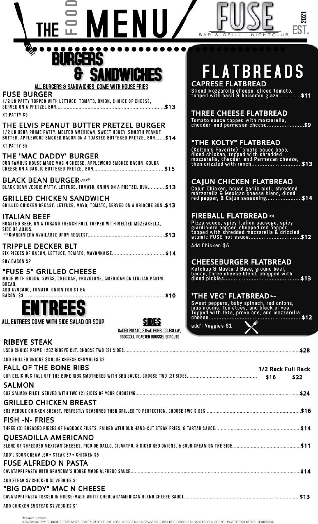 Menu at Fuse Bar & Nightclub, Chesterton, 791 Indian Boundary Rd