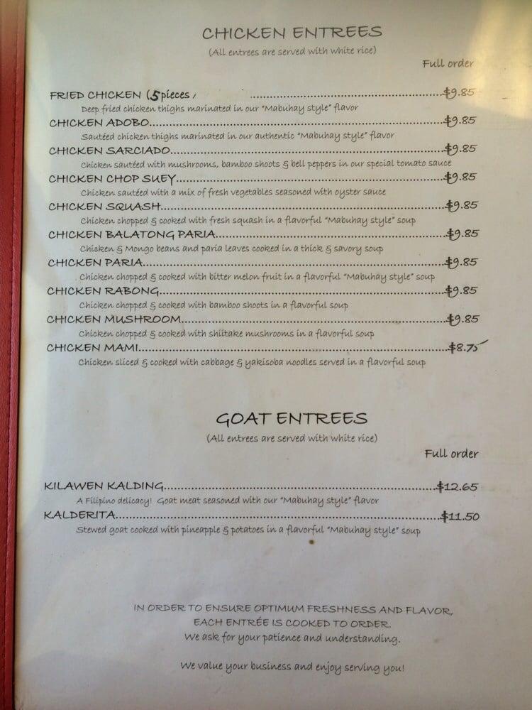 Menu at Mabuhay Cafe & Restaurant, Honolulu