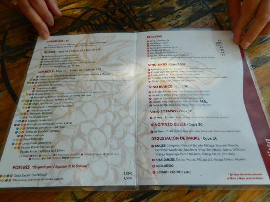 Menu at ZURY restaurant, Málaga