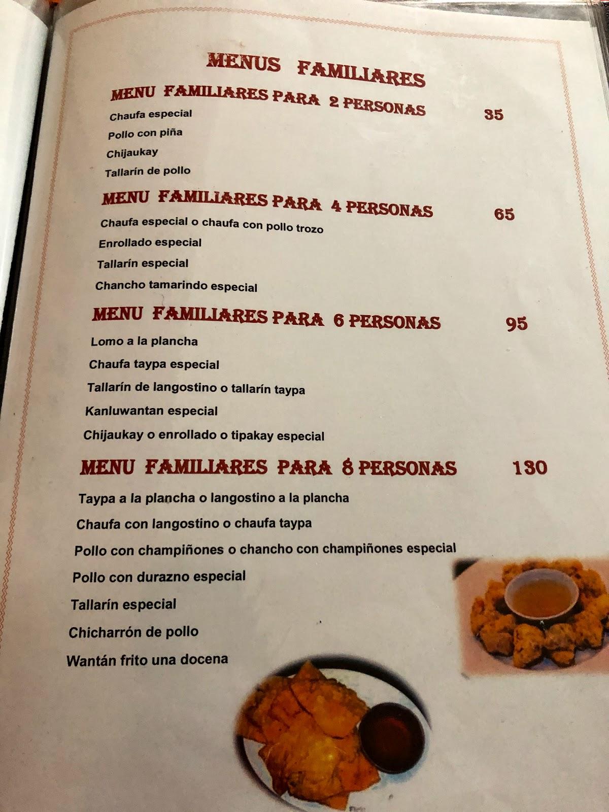 Menu at Chifa Cheng restaurant, Cusco