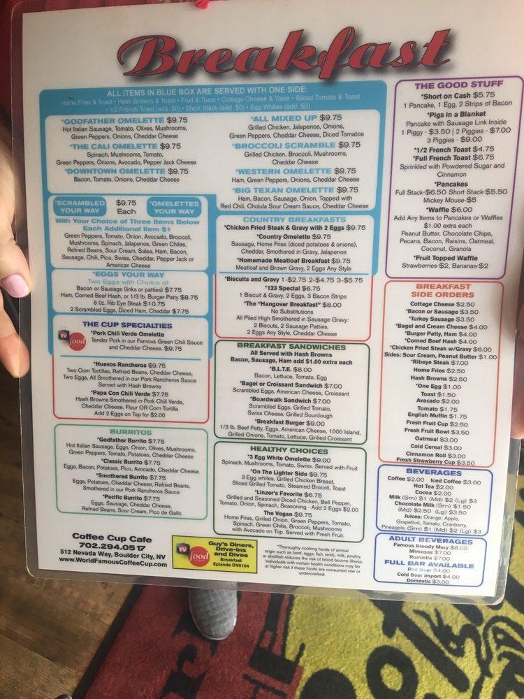 Menu at The Coffee Cup Cafe, Boulder City