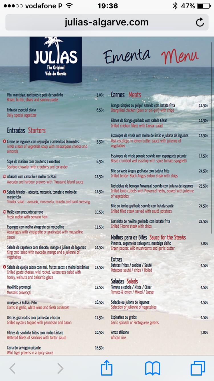 Menu at Julias pub & bar, Loulé, Praia Do Garrao Julia’s Beach