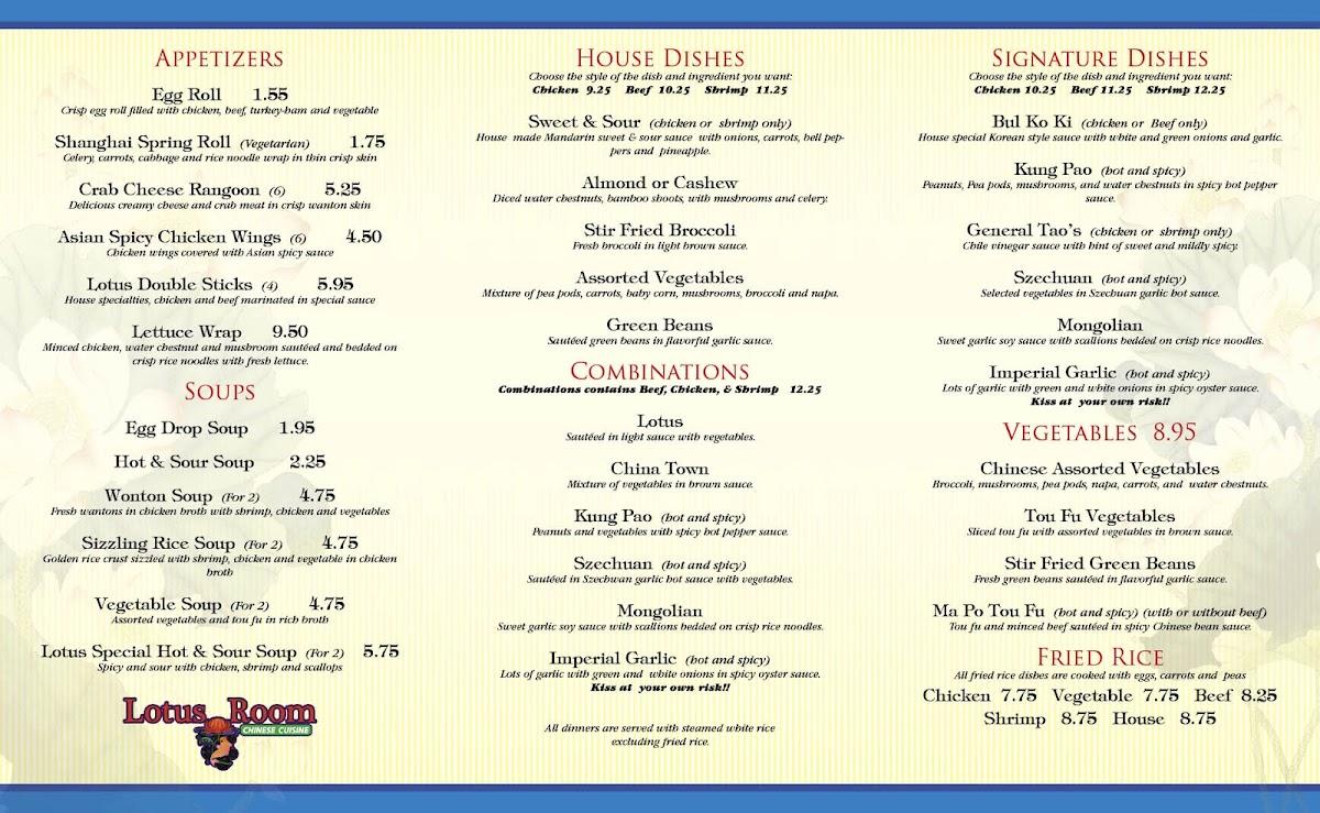 Menu at Lotus Room Chinese Cuisine restaurant, Flint