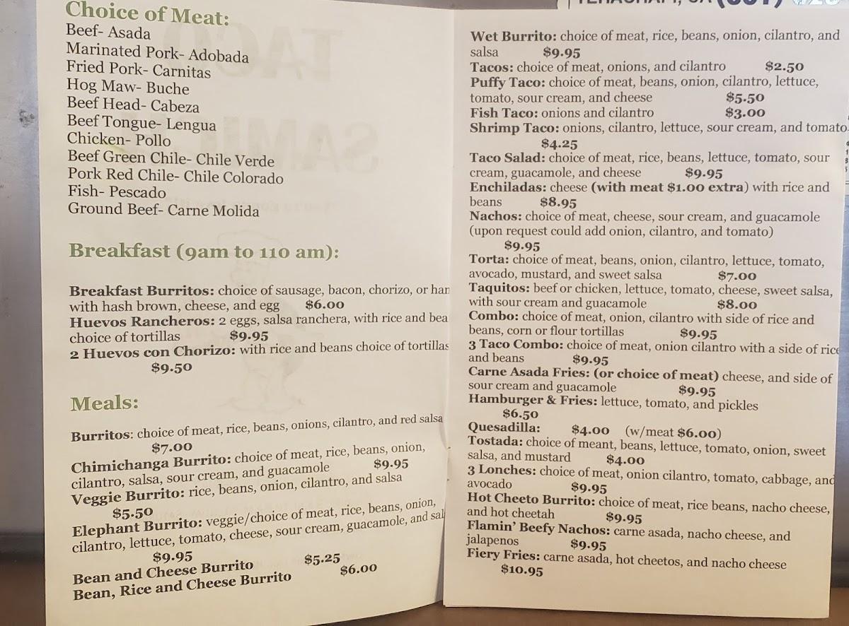 Menu at Taco Samich restaurant, Tehachapi