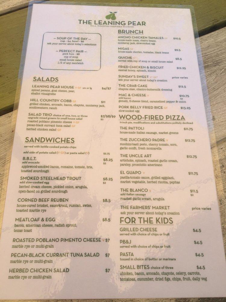 Menu at The Leaning Pear pizzeria, Wimberley
