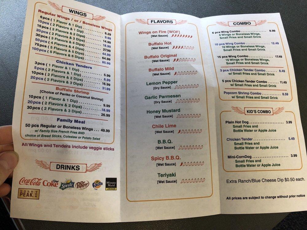 Menu at Wings on Fire restaurant, Tucson