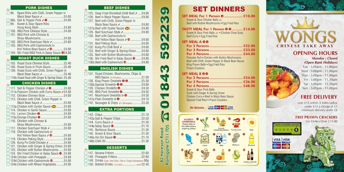 Menu at Wongs Chinese Takeaway fast food, Ramsgate