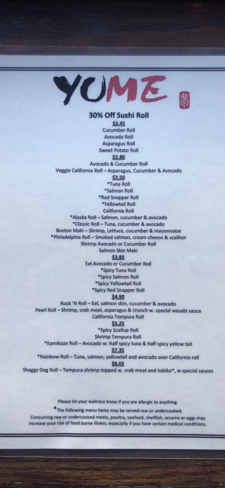 Menu at Yume Hibachi Steak and Sushi restaurant, Farmington, 45 S Main St
