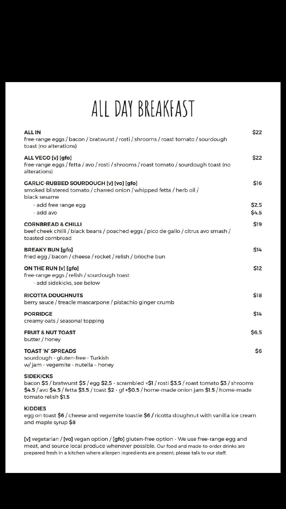 Menu at BURROW cafe, Mount Lofty