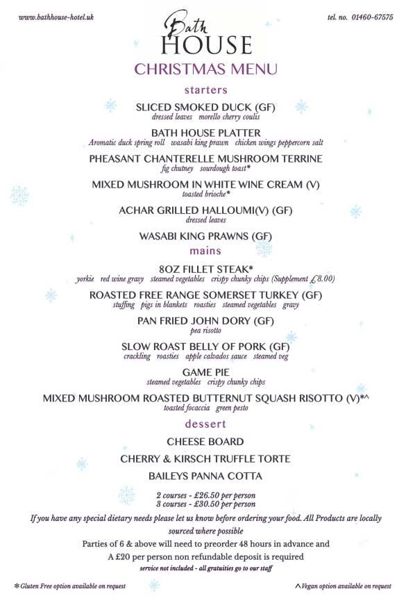 Menu at Bath House Hotel & Restaurant, Chard