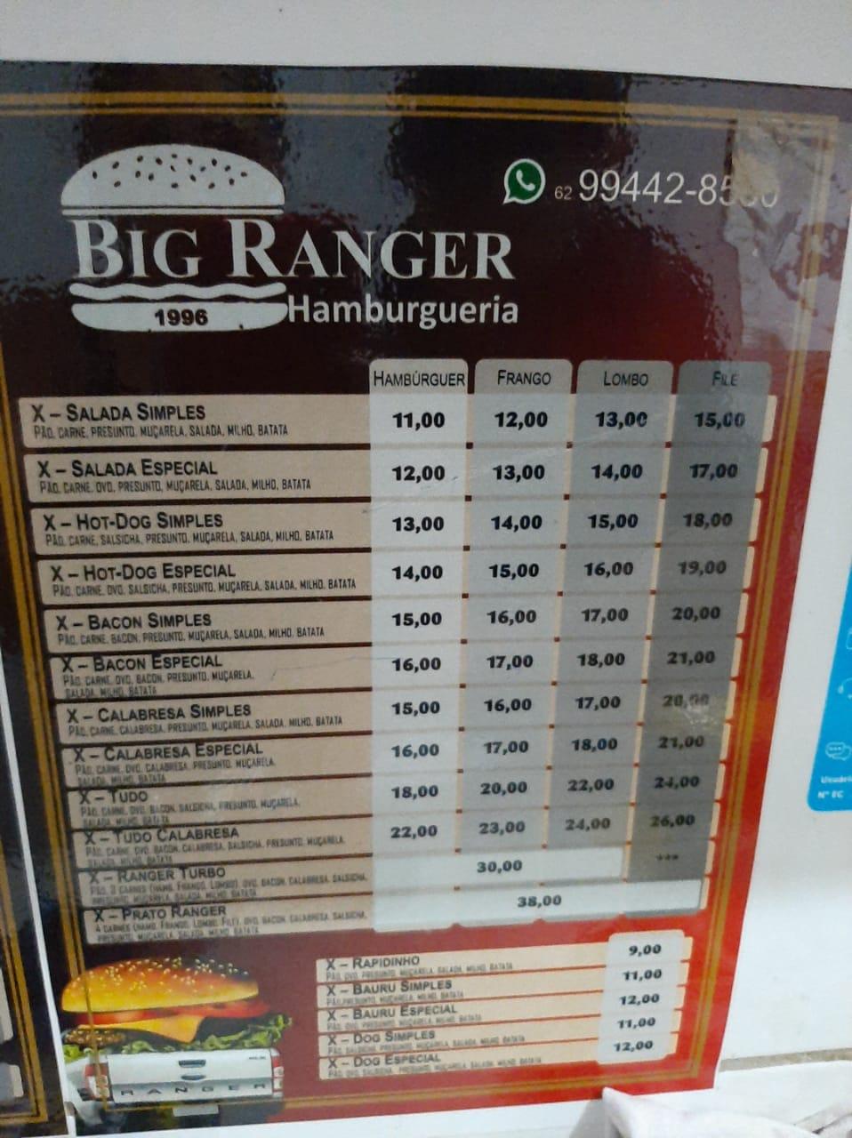 Menu at Big ranger hambúrguer restaurant, Goiânia
