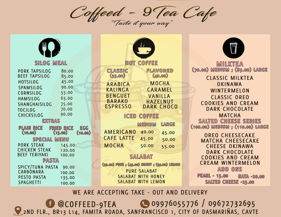 Menu at Coffeed 9-Tea Cafe, Dasmariñas