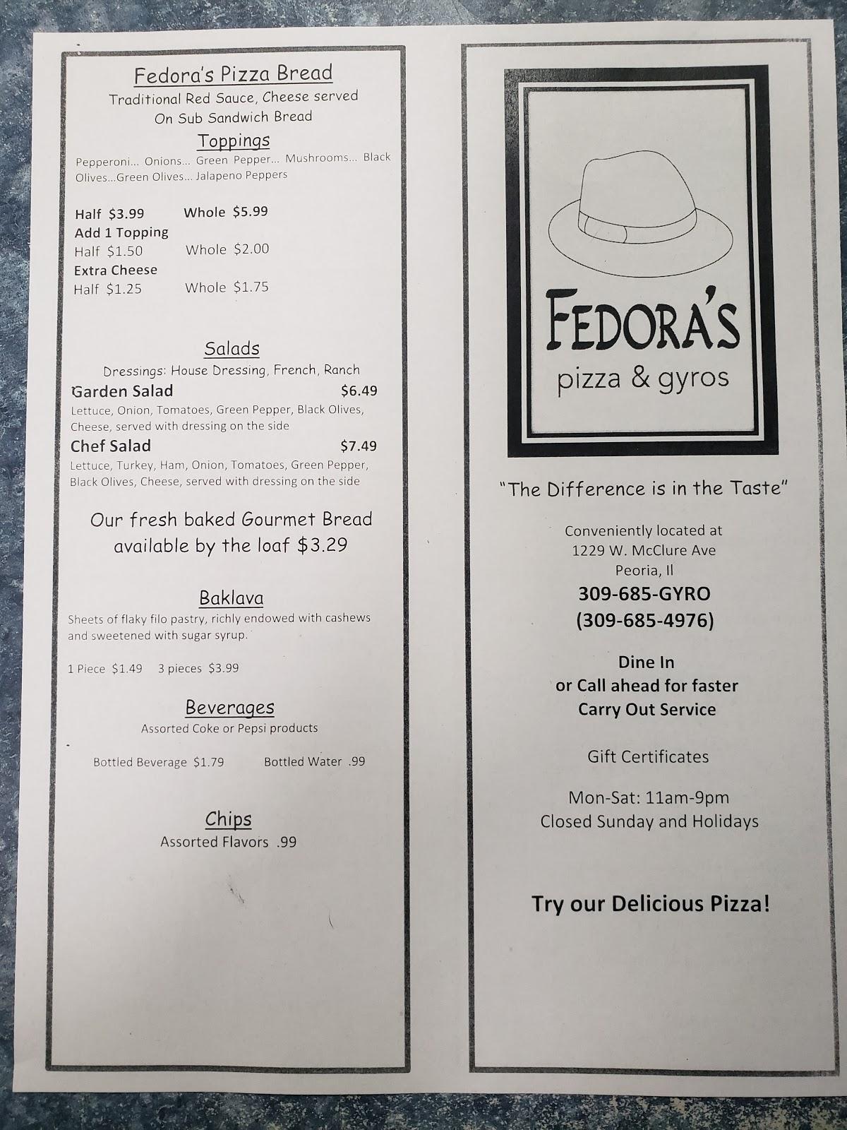 Menu at Fedora's Pizza & Gyro's pizzeria, Peoria