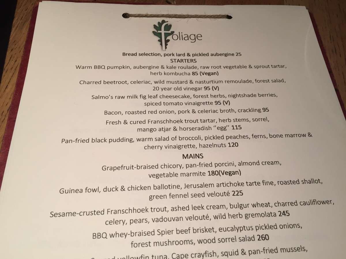 Menu at Foliage restaurant, Cape Town