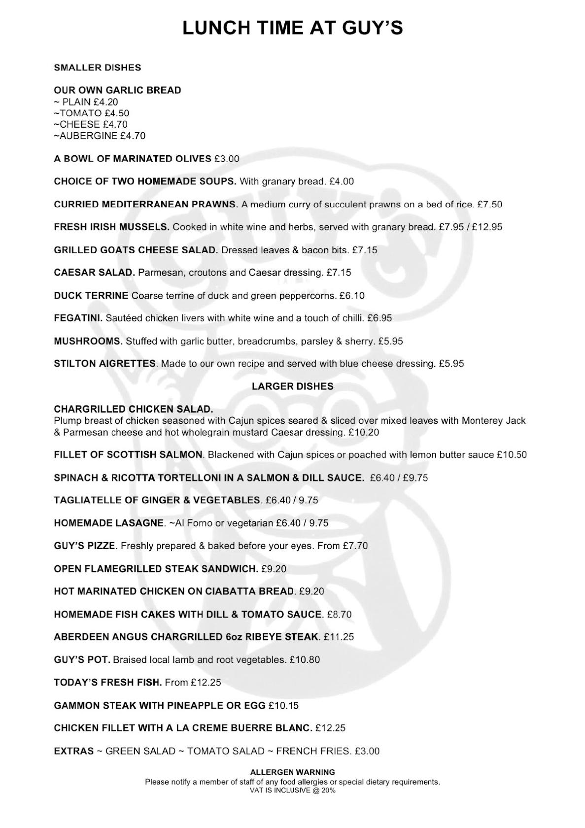 Menu at Guy's Thatched Hamlet pub & bar, Myerscough and Bilsborrow