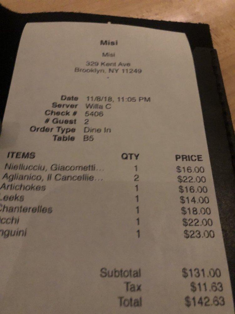 Menu at Misi restaurant, New York City
