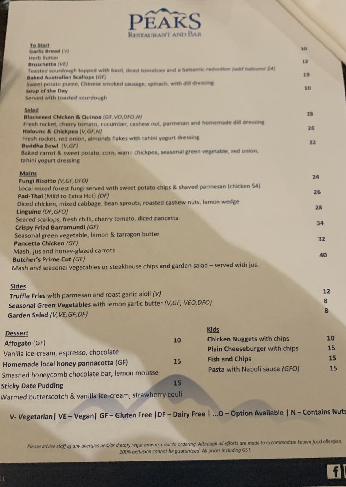 Menu at PEAKS restaurant, Merrijig, 1 Mimosa Dr