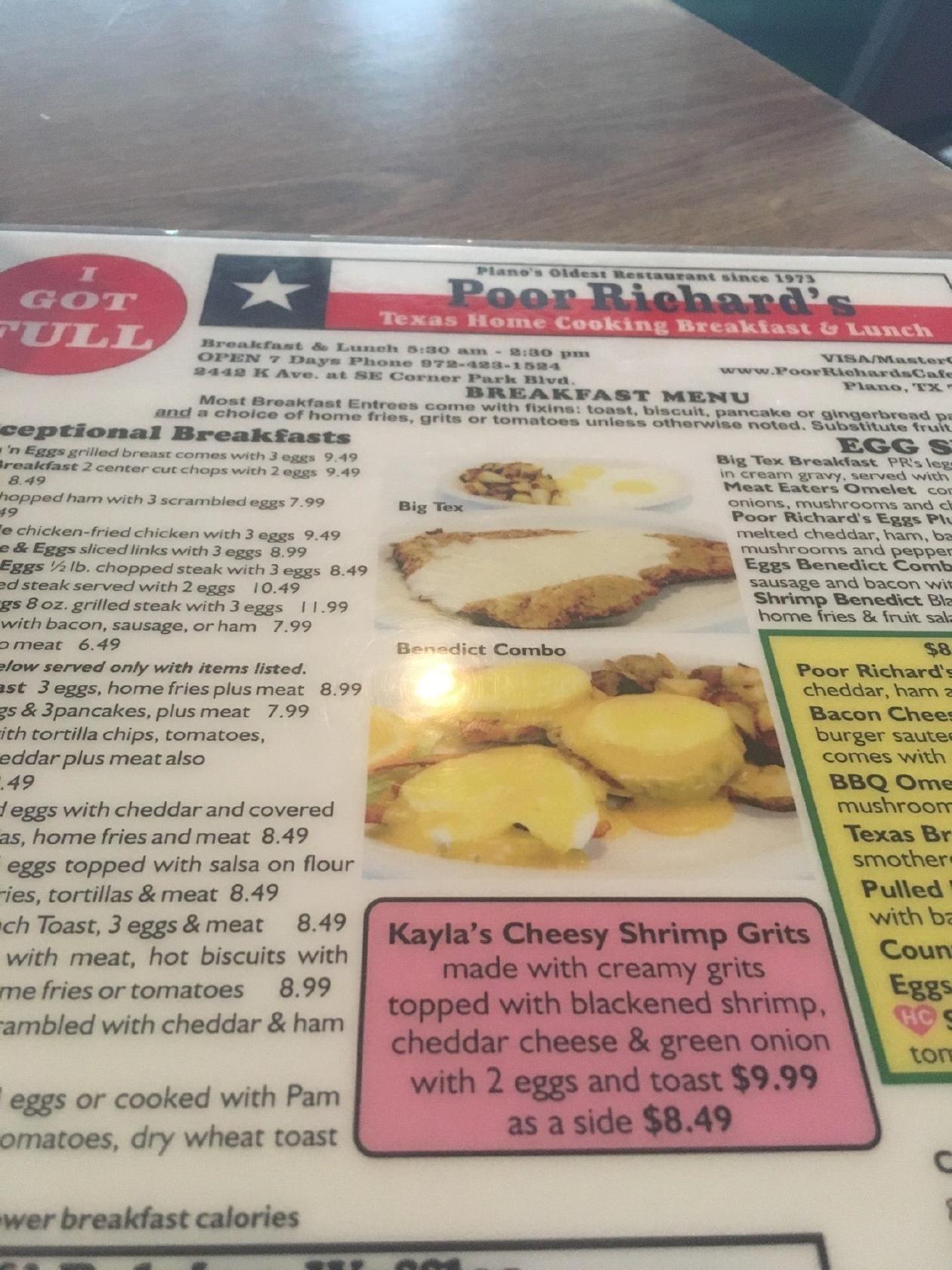 Menu at Poor Richard's Cafe, Plano