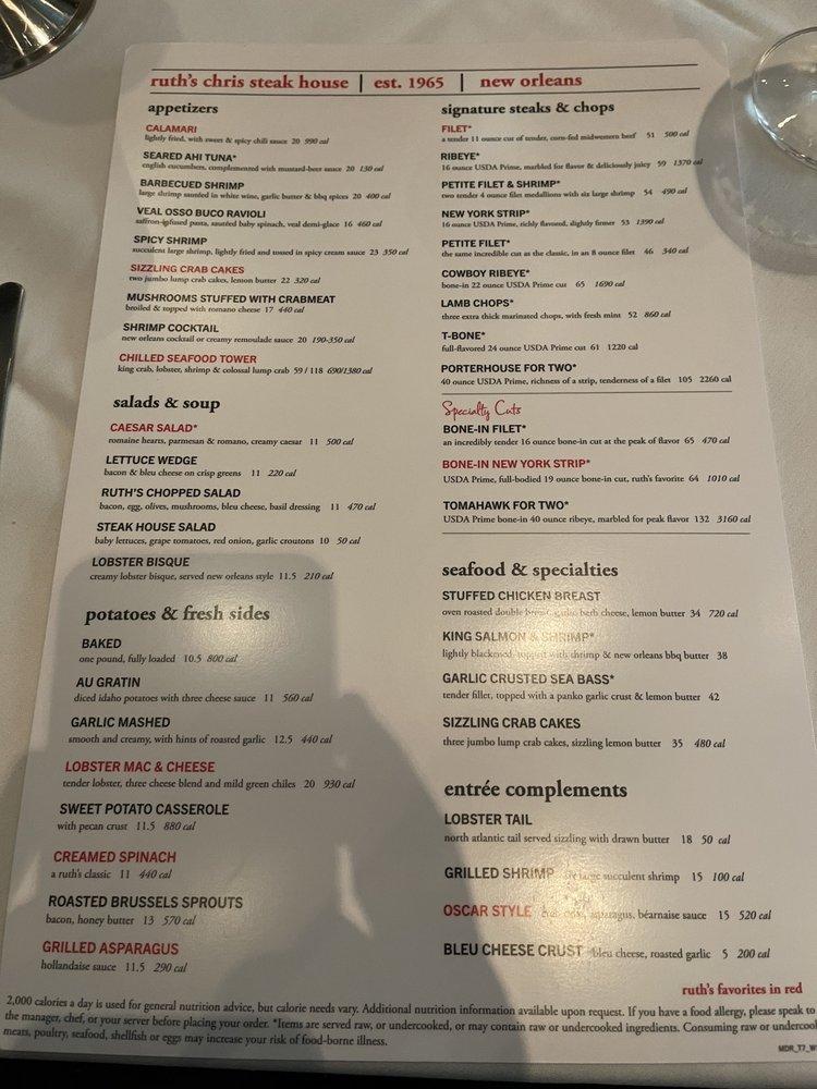 Menu at Ruth's Chris Steak House - Sarasota pub & bar, Sarasota