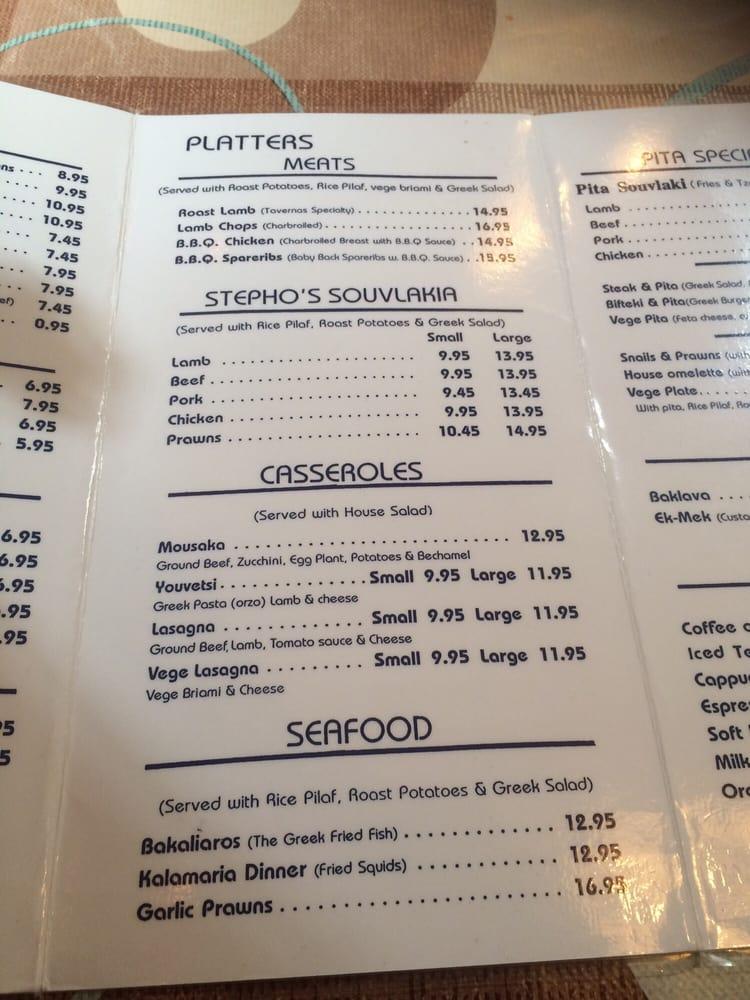 Menu at Stepho's Souvlaki Greek Taverna restaurant, Vancouver, Davie St