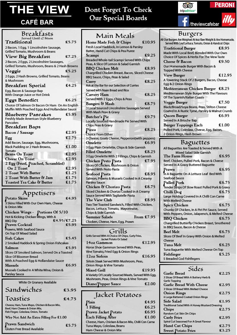 Menu at The View Cafe Bar, Skegness