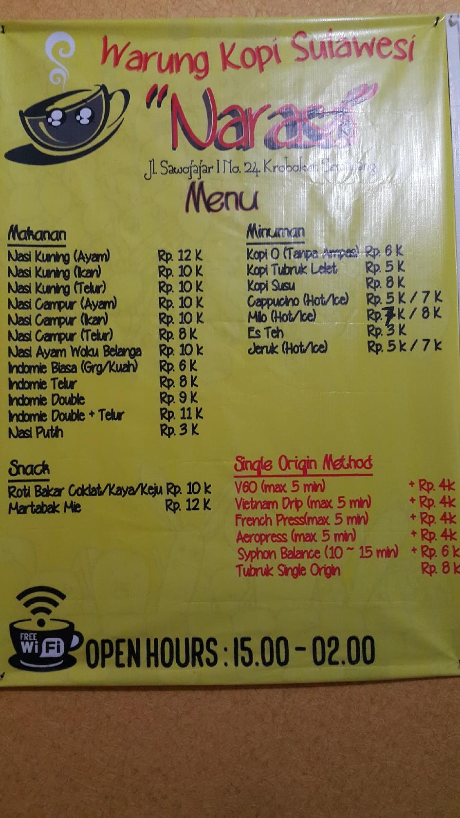 Menu at Warung Kopi & Nasi Kuning Sulawesi NARASA cafe, Semarang