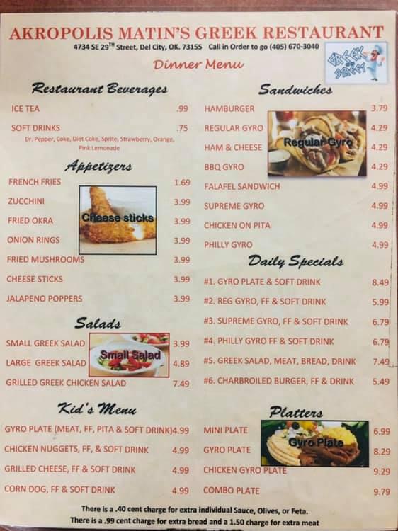 Menu at Akropolis Greek Restaurant, Oklahoma City, SE 29th St