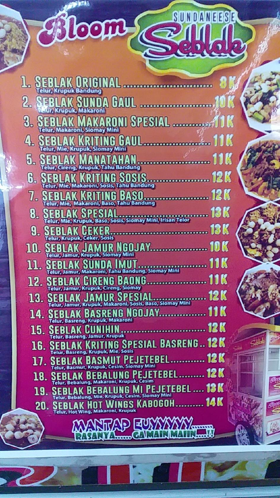 Carta del restaurante Seblak Bloom Subali, Semarang