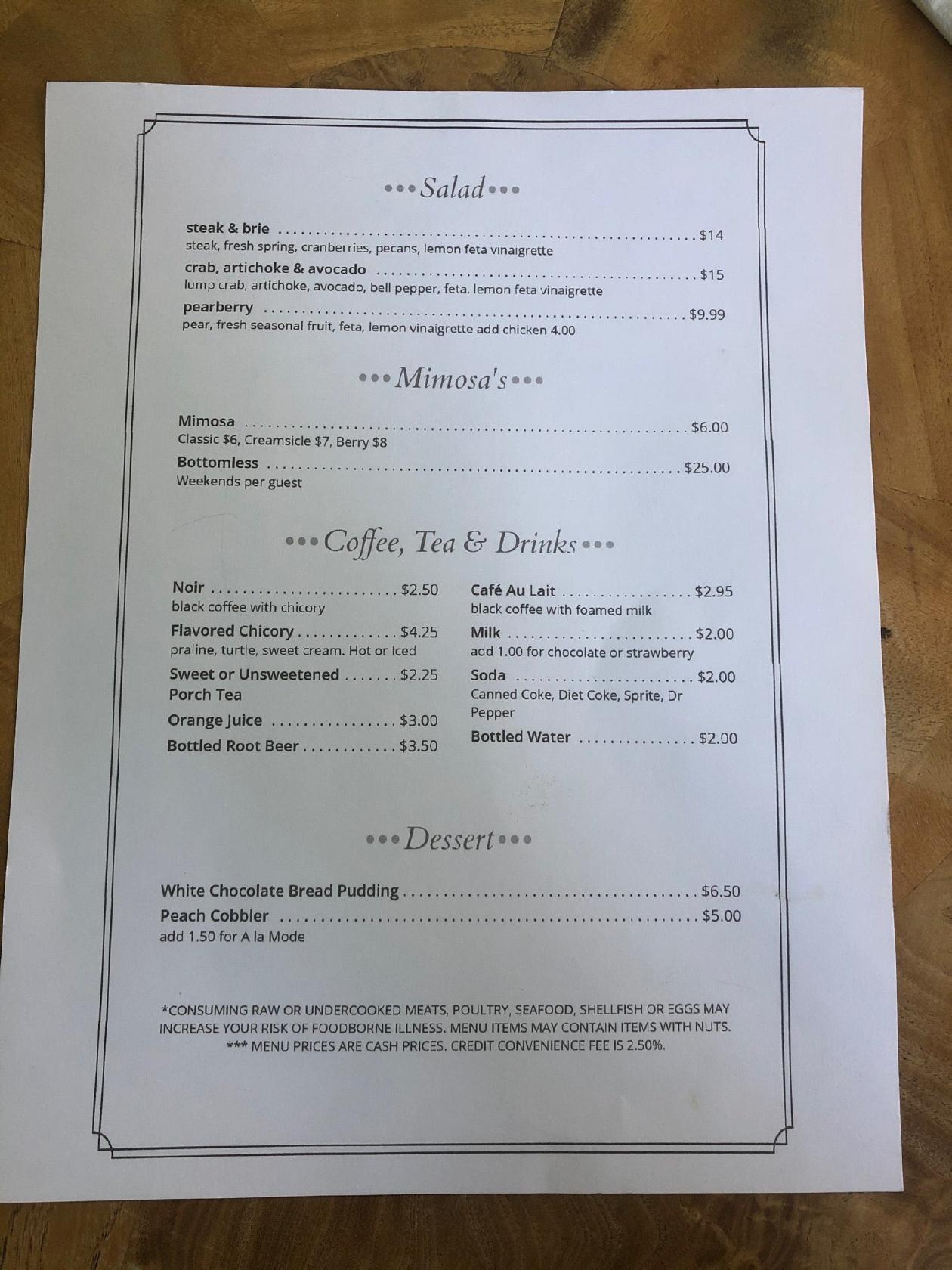 Menu at Le Cafe’ Beignet, Biloxi, 124 Lameuse St