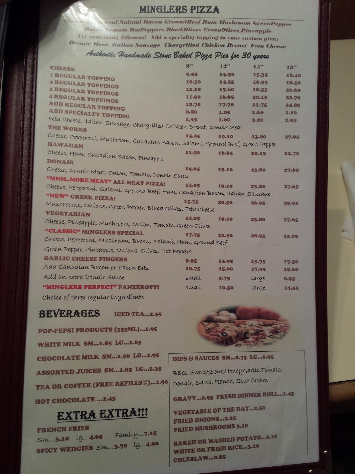 Menu at Mingler's pizzeria, Oromocto