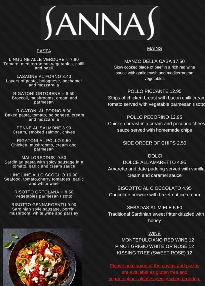 Menu at SannaS restaurant, Carlisle