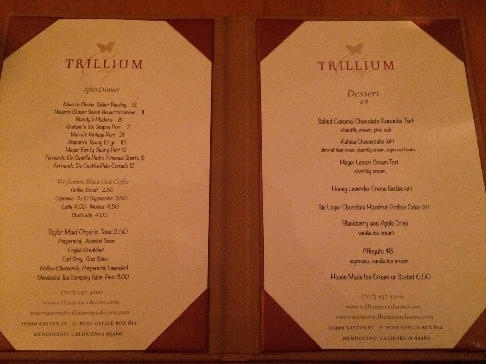 Menu at Trillium Cafe & Inn, Mendocino