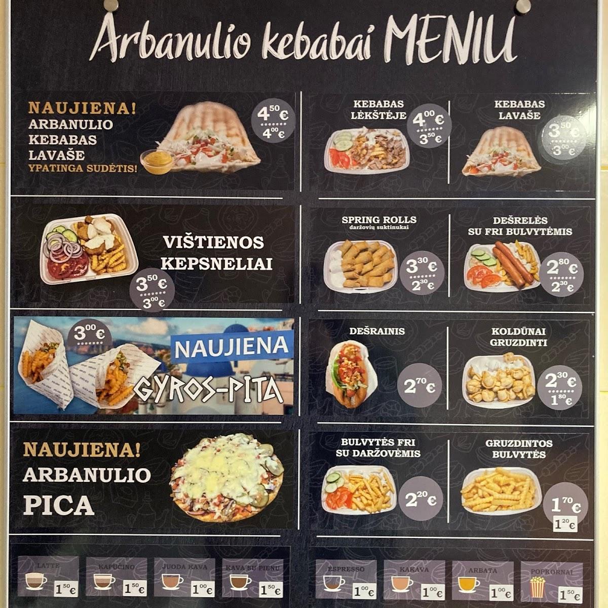 Menu at Arbanulio kebabai restaurant, Šiauliai