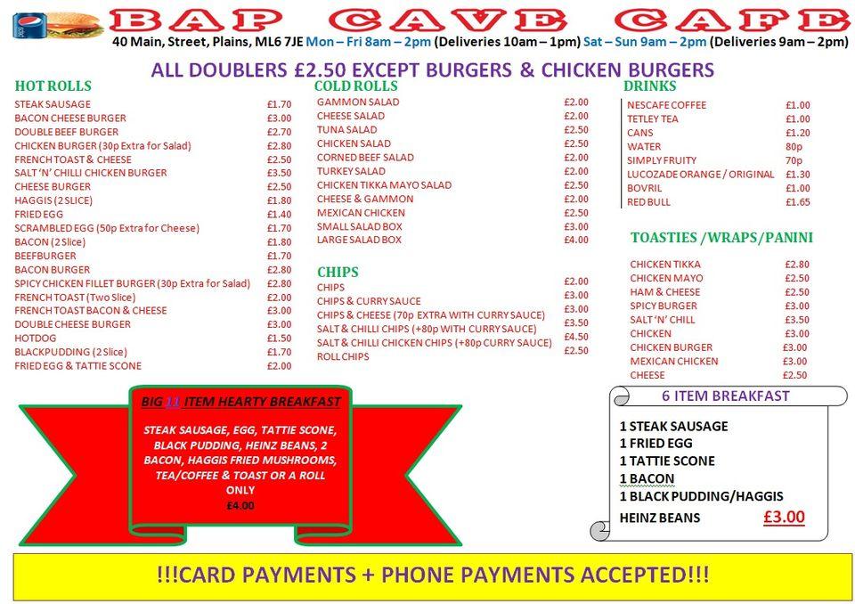 Menu at Bap Cave Cafe, Airdrie