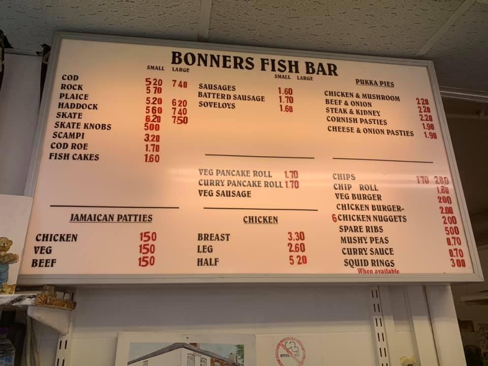 Menu at Bonners Fish Bar, London