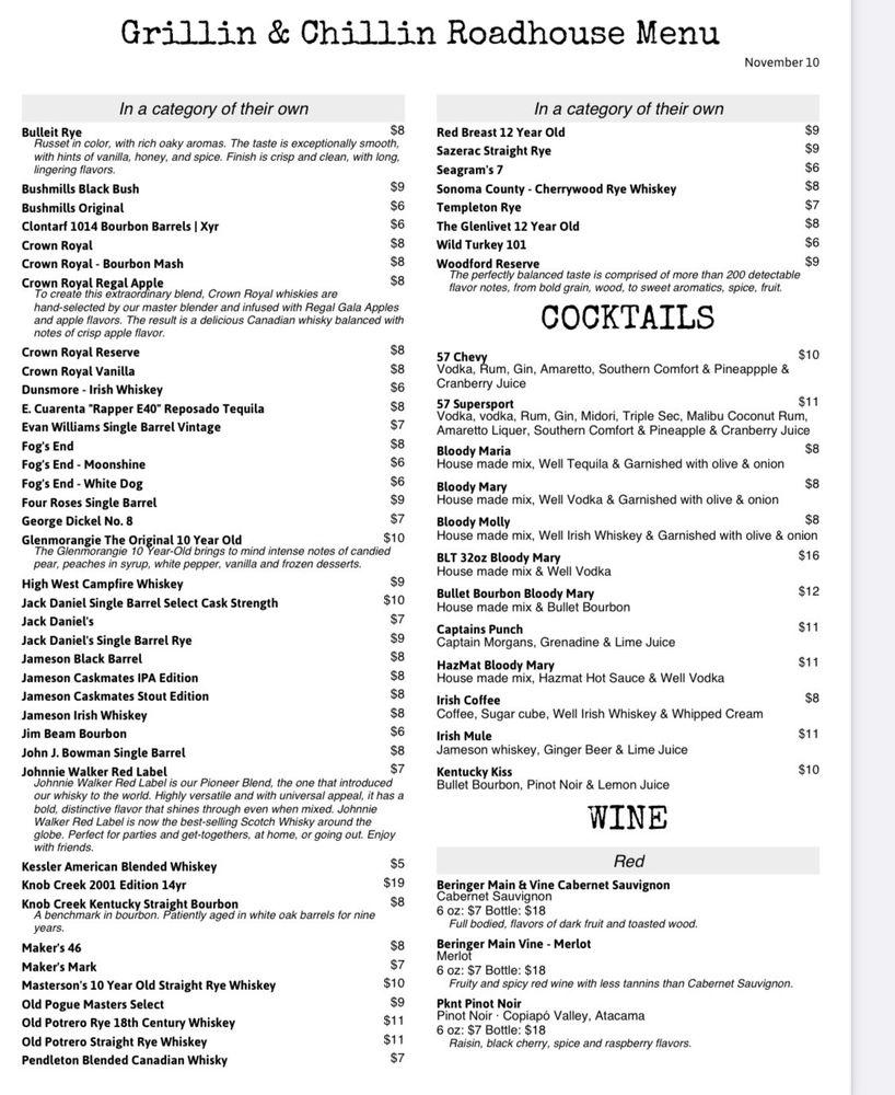 Menu at Grillin & Chillin Alehouse pizzeria, Hollister, 401 McCray St b24
