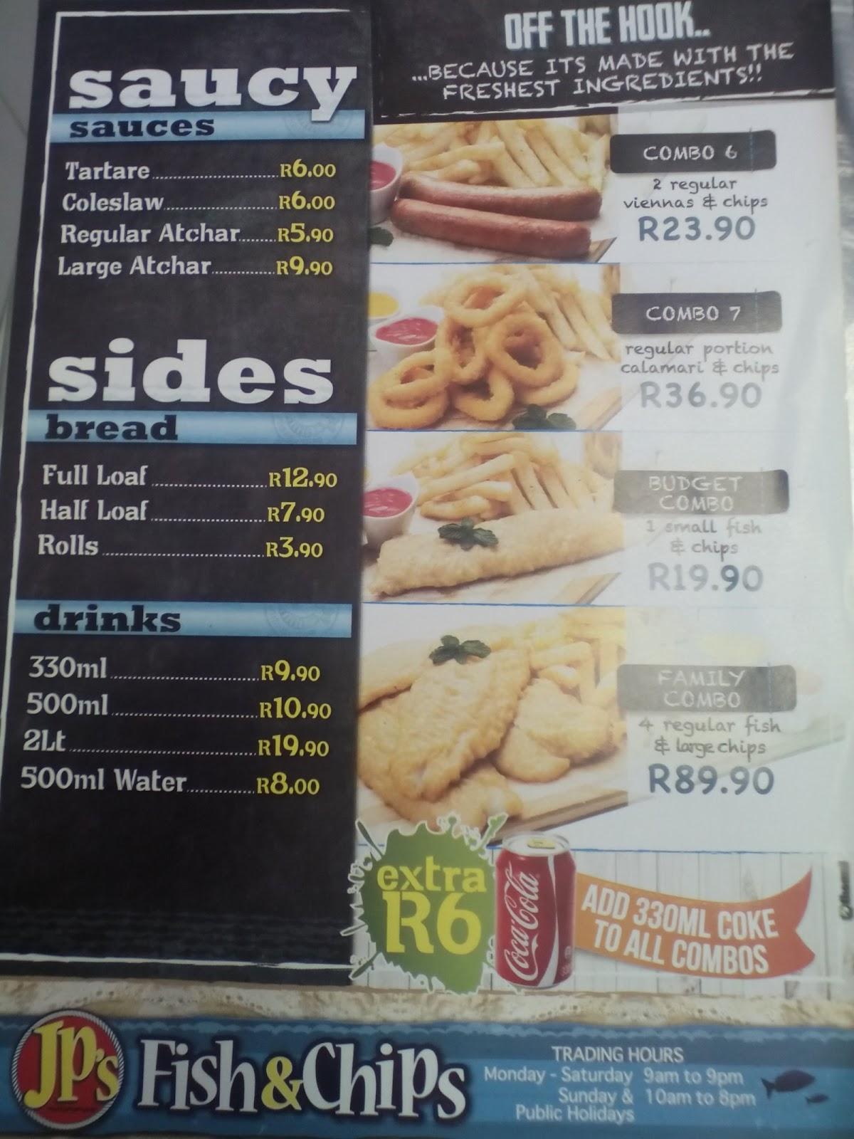 Menu at JP's Fish & Chips restaurant, Pietermaritzburg, 50