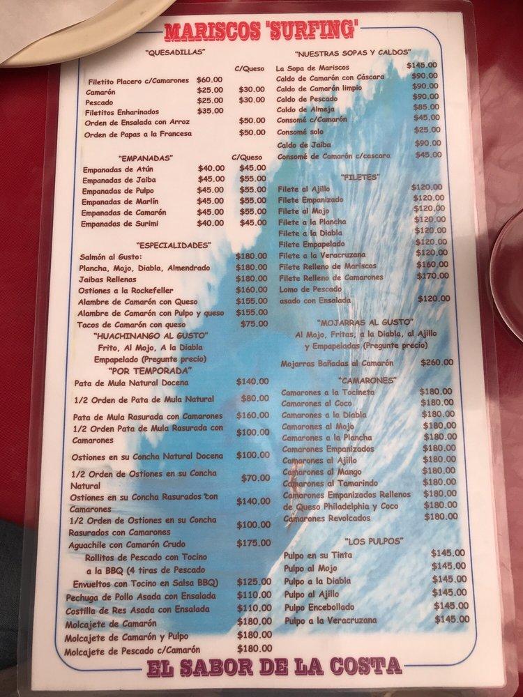 Menu at Mariscos El Surfing restaurant, Mexico City