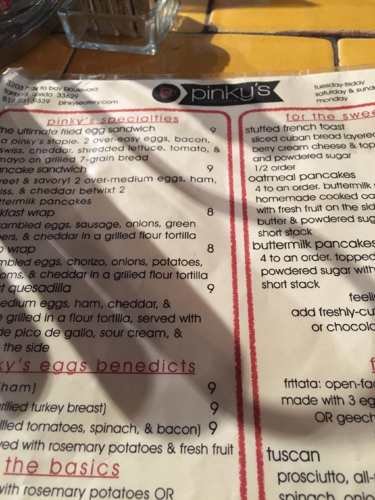 Menu at Pinky's Diner restaurant, Tampa