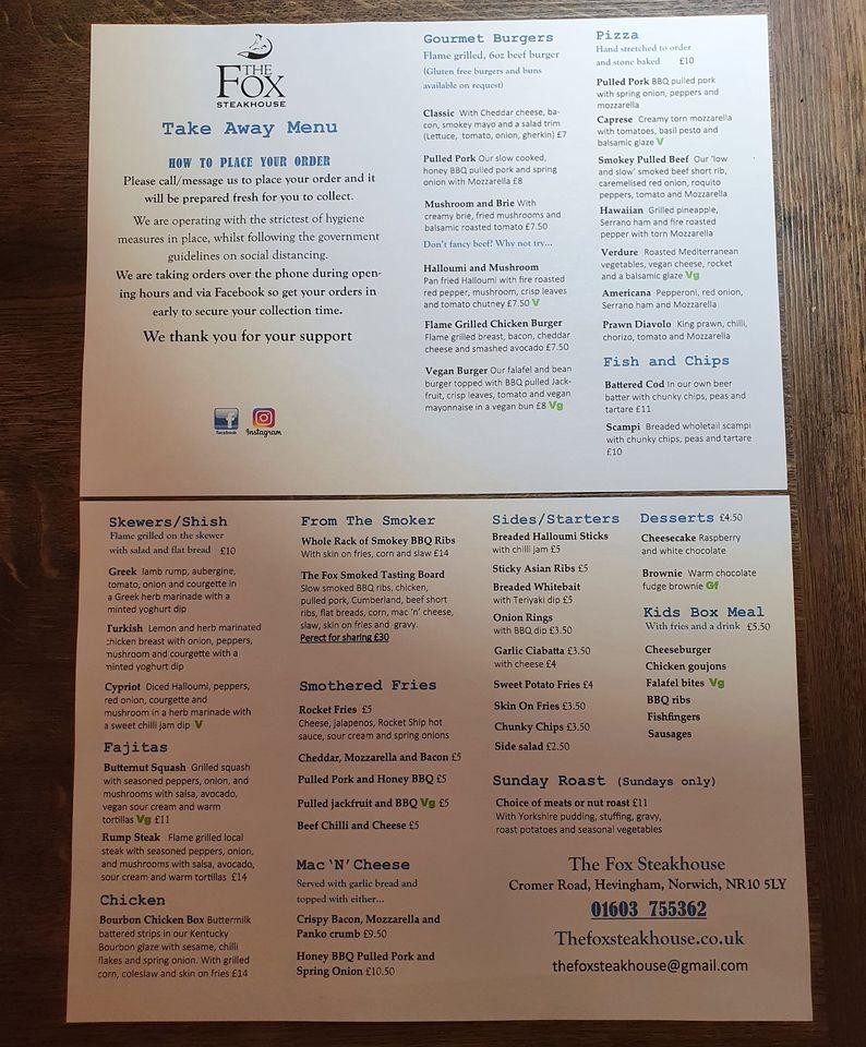 Menu at The Fox pub & bar, Norwich, Cromer Rd