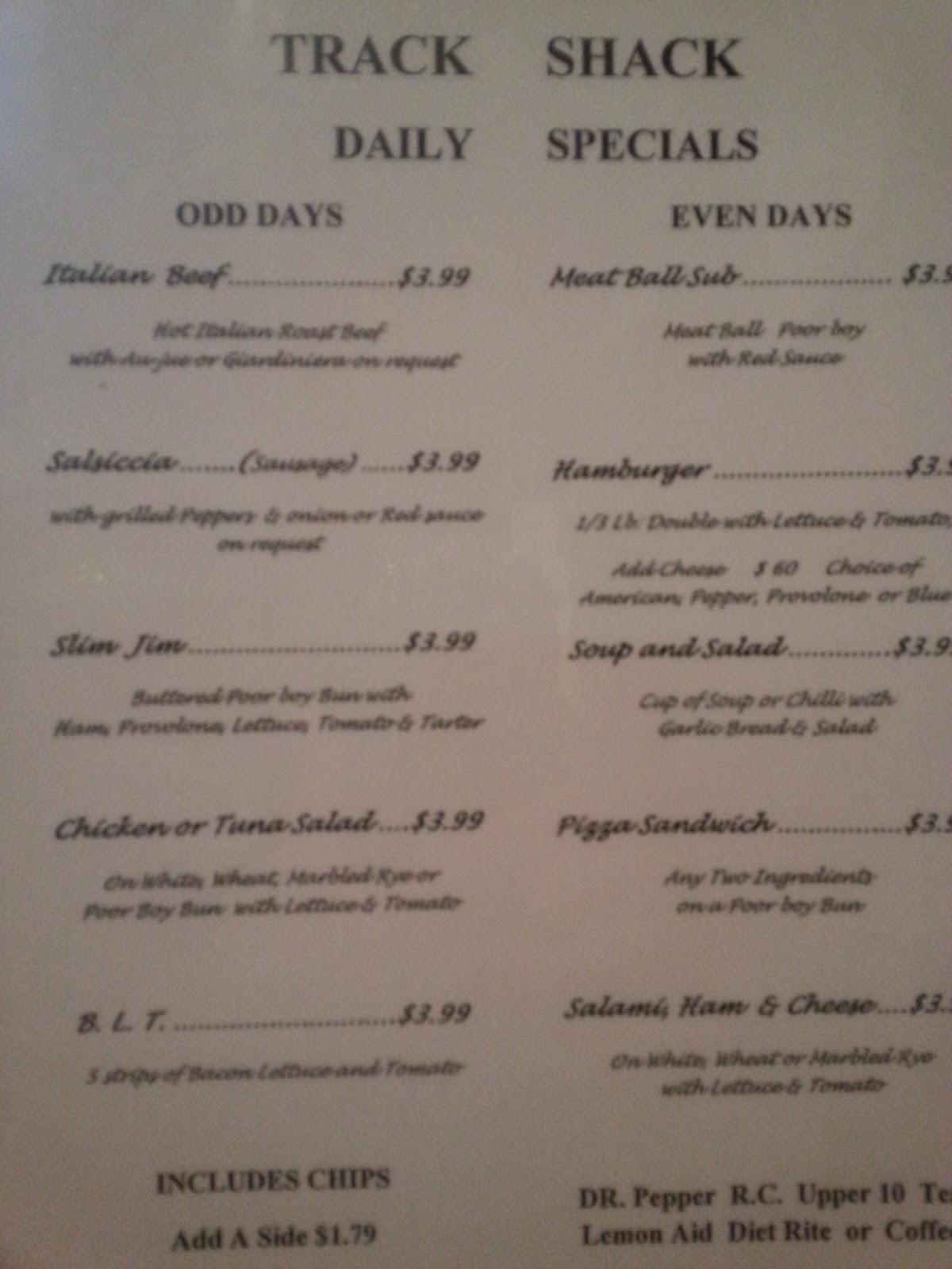 Menu at Track Shack pub & bar, Springfield