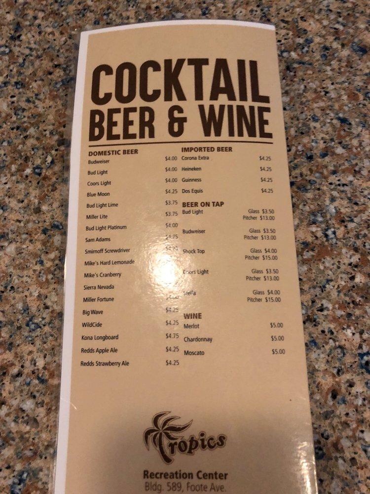 Carta del pub y bar Tropics Warrior Zone, Schofield Barracks