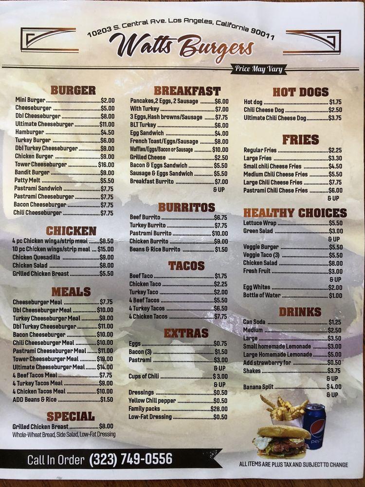 Menu at Watts Burgers fast food, Los Angeles
